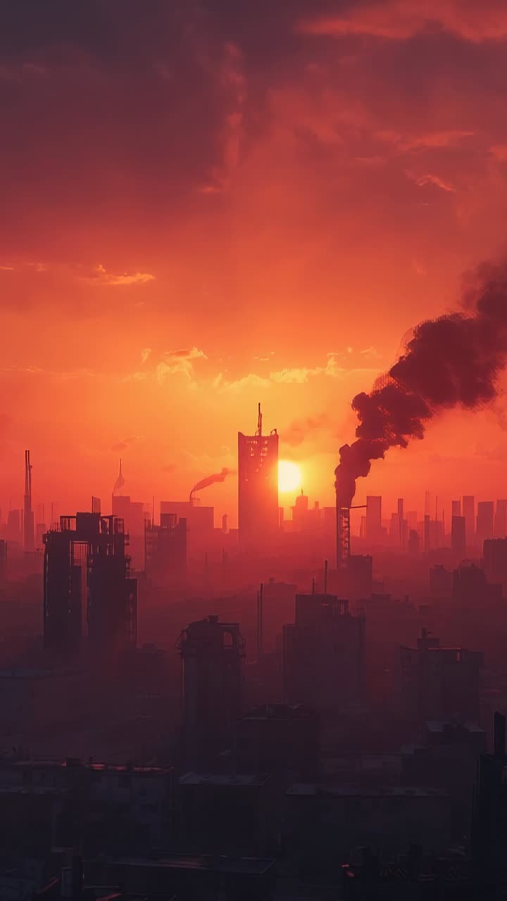Vertical video: Smoke plume rising from smokestack at skyline at sunset ...