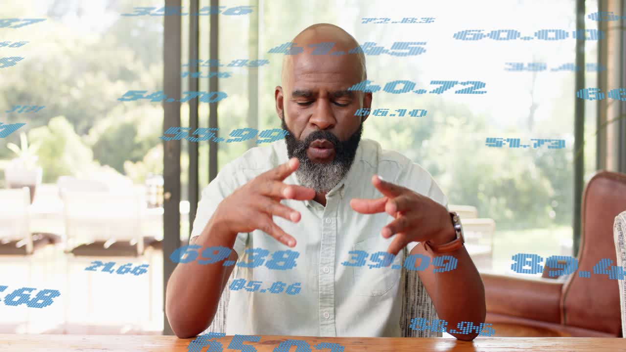 Male presenter starting speech, moving hands and explaining data while ...