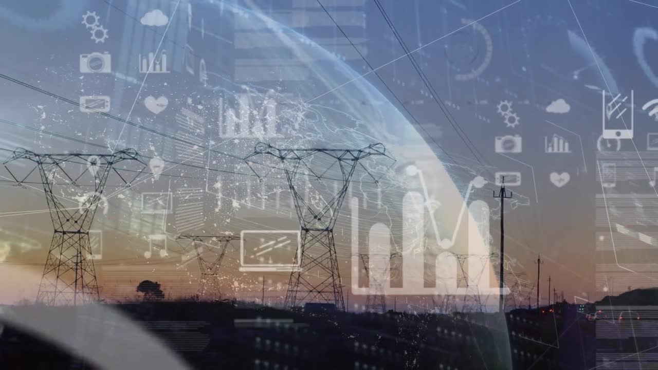 Premium stock video - Animation of data processing over pylons