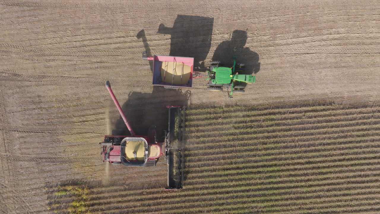 Top-Down View Of Combine Harvester And Tractor With Bin Collecting ...
