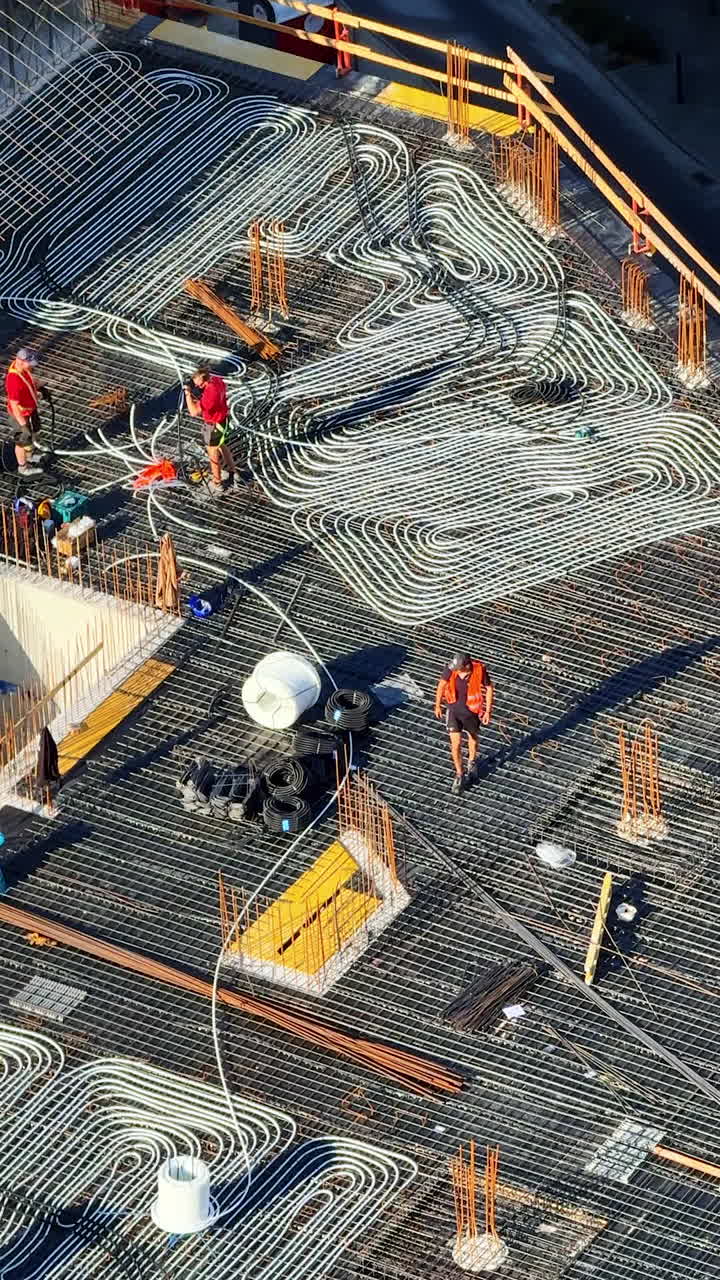 Workers install rebar for construction. Workers are setting up a ...