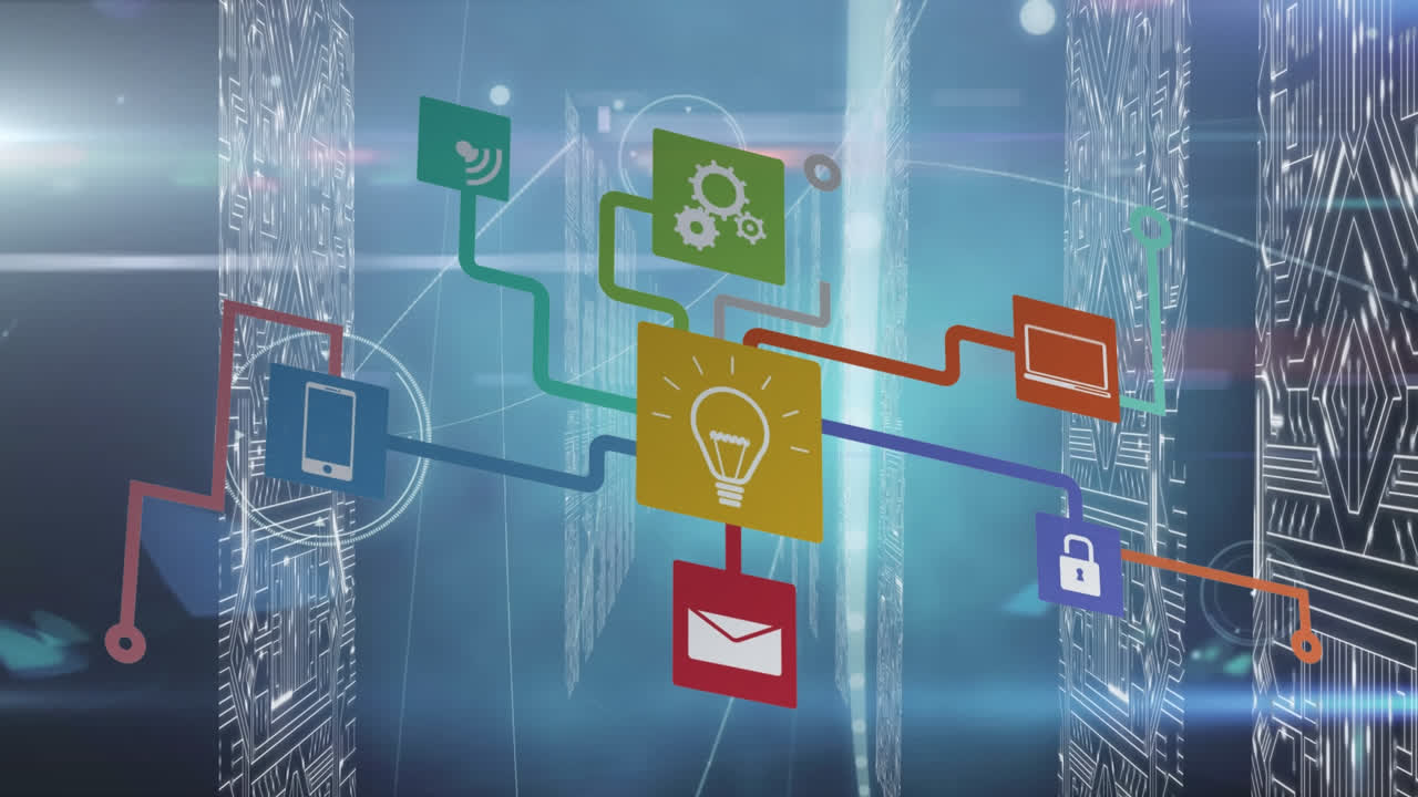 Premium Stock Video Animation Of Network Of Digital Icons Over Screens With Microprocessor