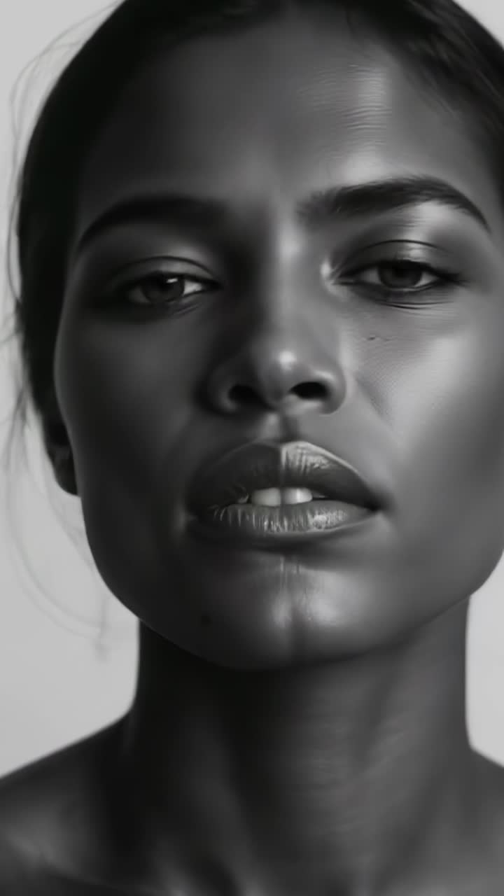 Vertical video: Illuminating model turning head side and back, parting ...