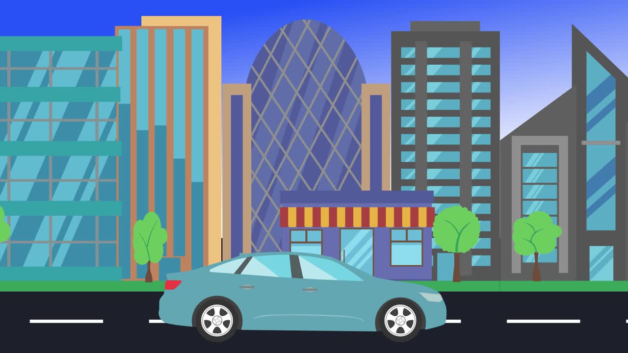 Car driving rides around city side view, loop animation, flat design ...