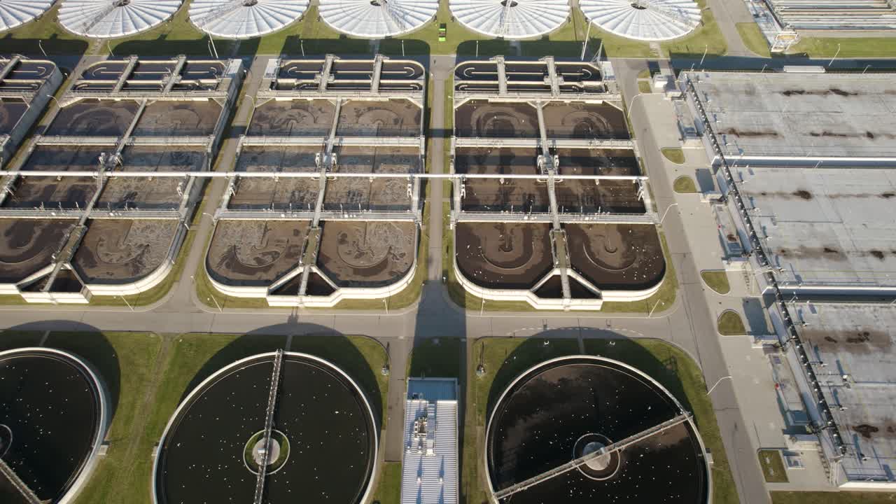 Premium stock video - Aerial trucking shot of the aeration basins and ...