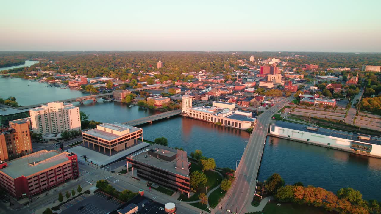 Wide charming sunset aerial overview of rockford illinois downtown in ...