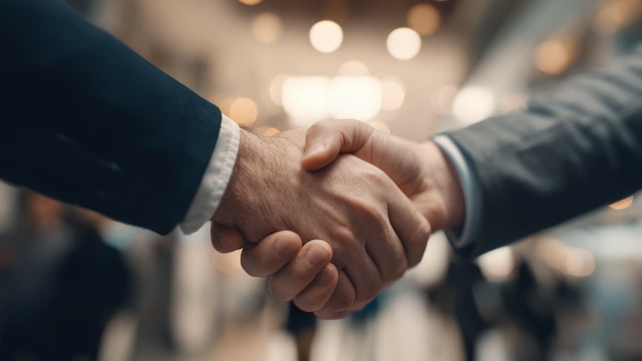 Close up of two professional businessmen shaking hands in a modern ...