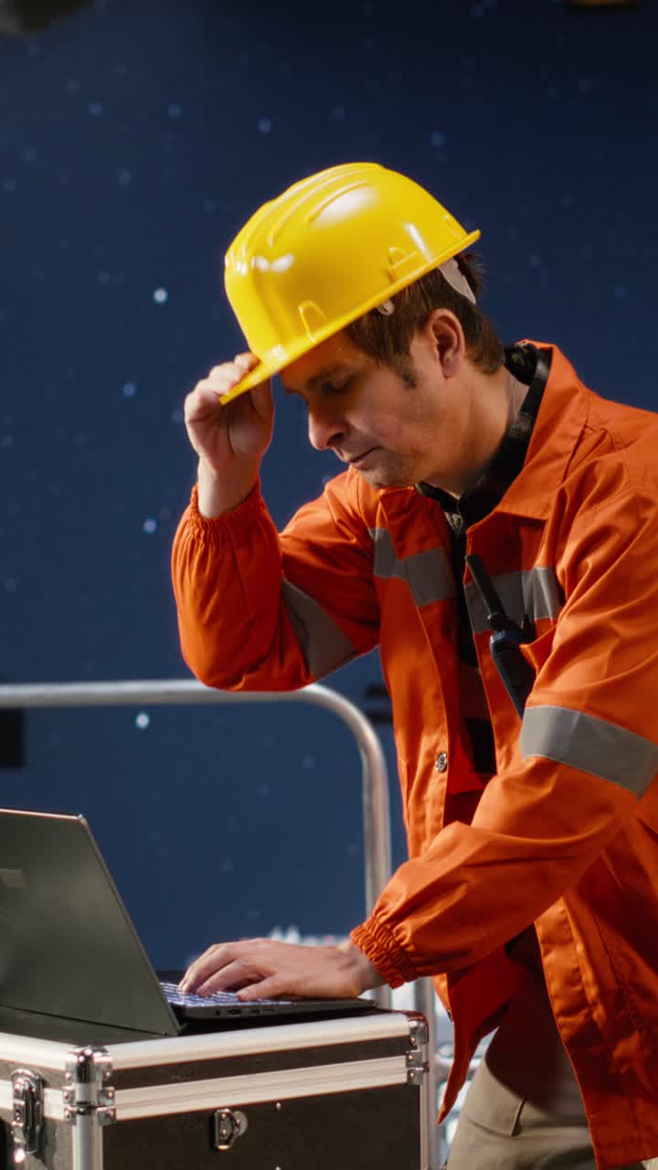 Vertical Video Agitated oil rig inspection officer evaluates fuel ...