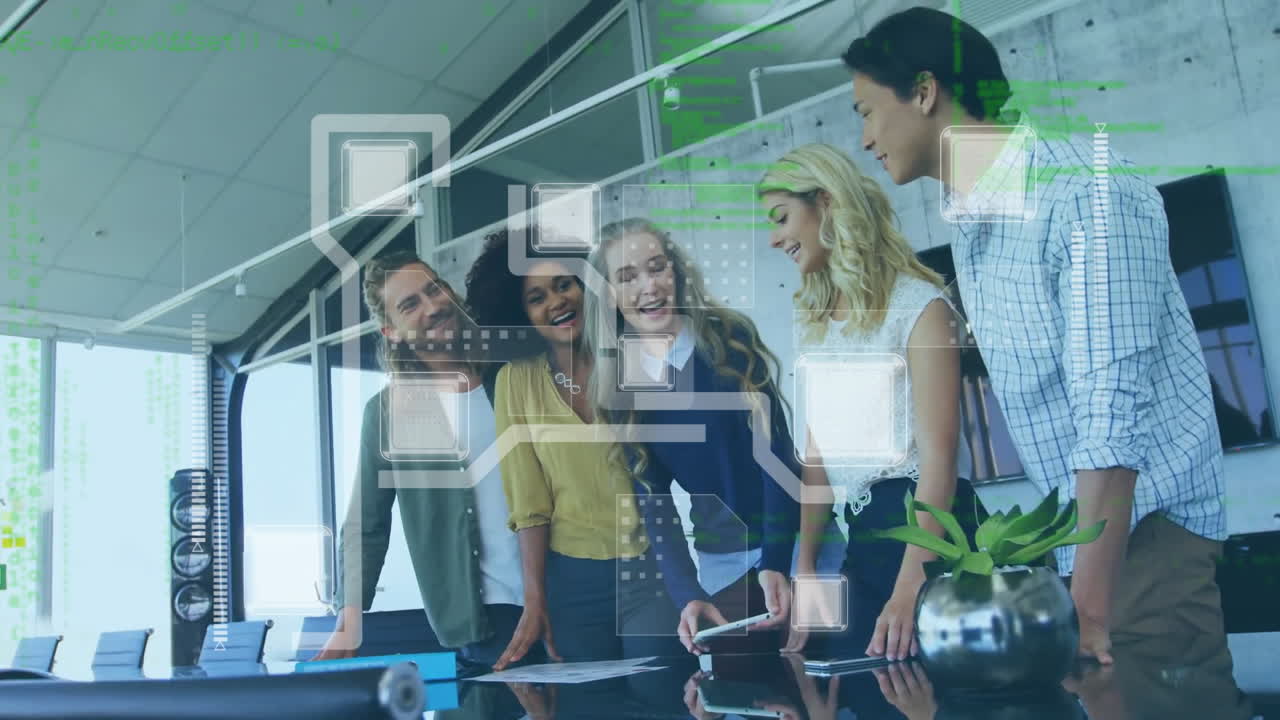 Animation Of Data Processing With Computer Circuit Board Over Diverse Colleagues In Office