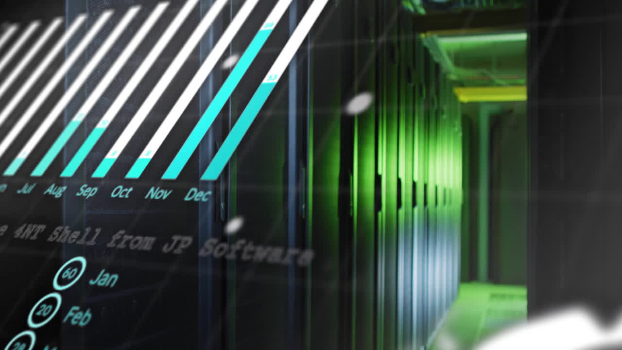 Premium stock video - Data processing animation over server racks in dimly lit data center