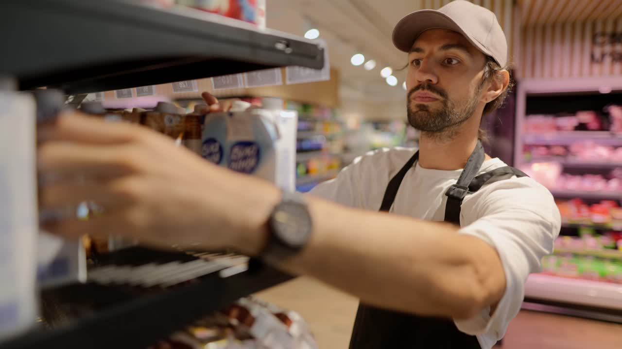 Premium stock video - Serious supermarket worker in a white t-shirt and ...
