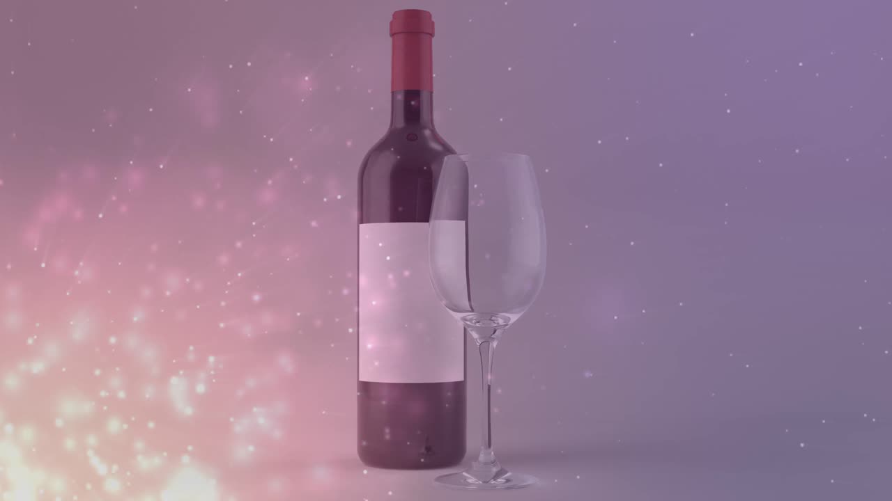 Animation of lights over bottle of red wine on violet background ...