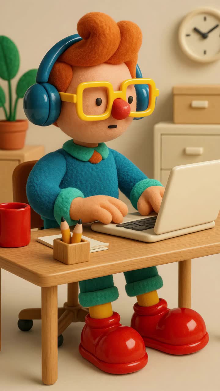 Claymation-style figure with headphones at a desk, typing on a laptop ...