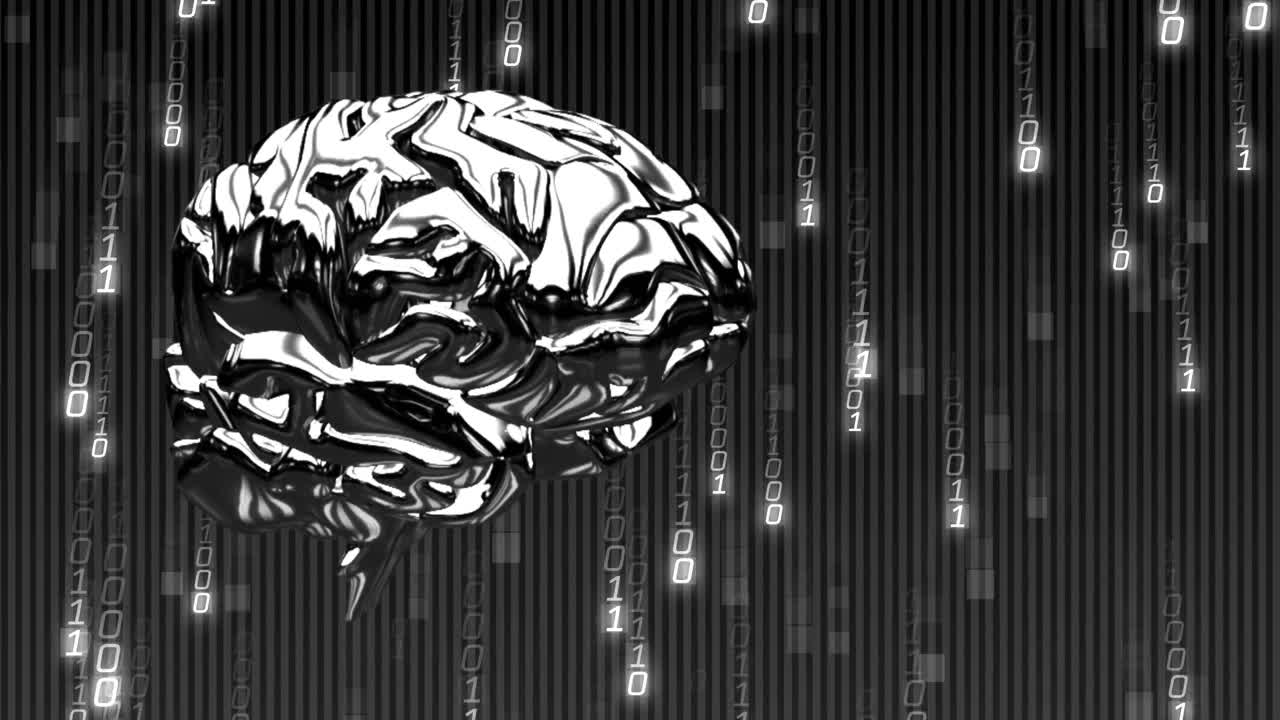 Premium Stock Video Animation Of Binary Coding Data Processing With Spinning Human Brain Over 