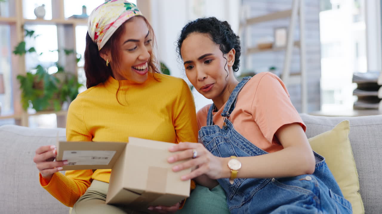 Premium stock video - Wow, friends or women with ecommerce box