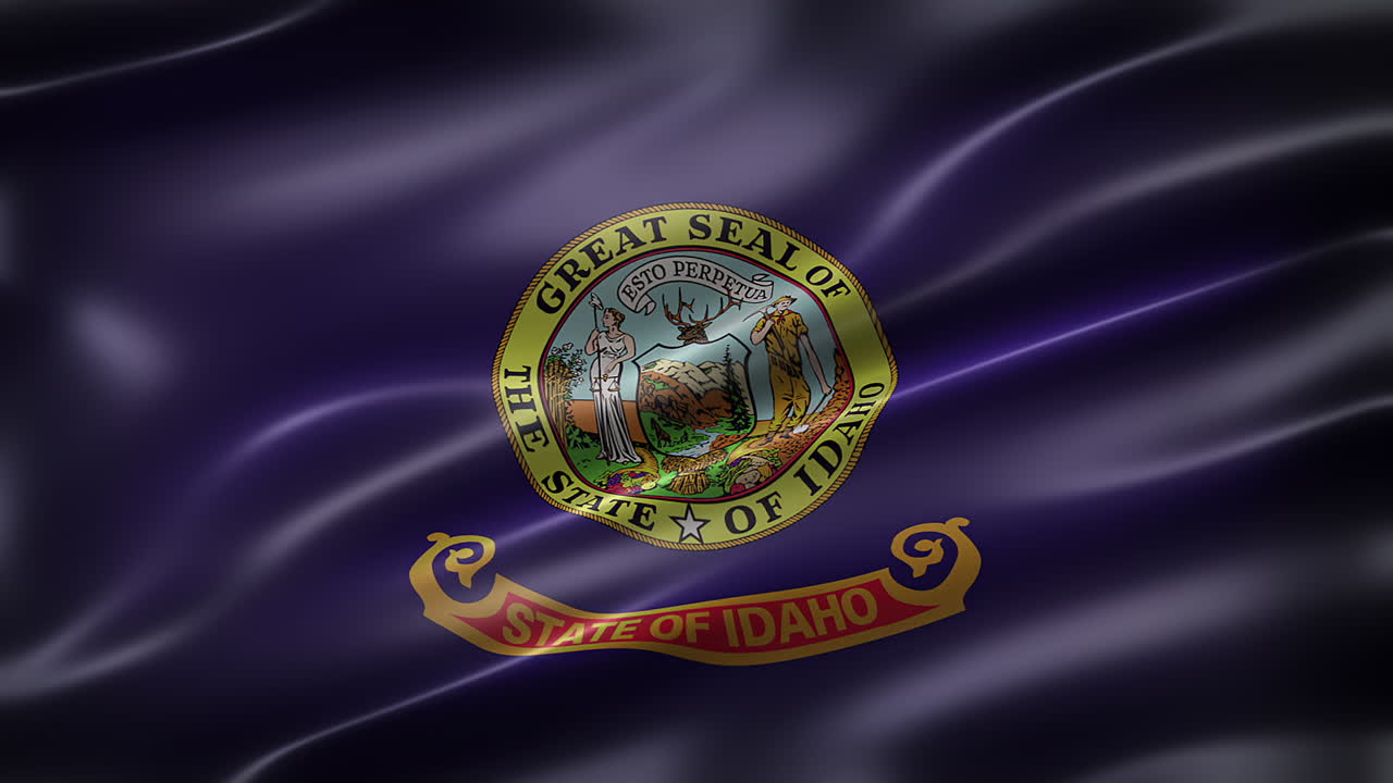 The flag and seal of idaho, font view, full frame, sleek, glossy ...