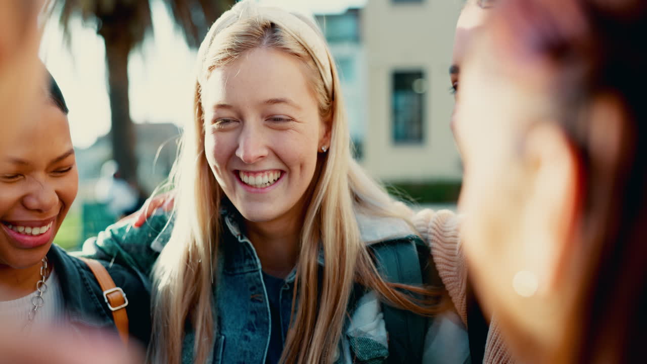 Premium stock video - Teen girl students, laugh and circle with comic