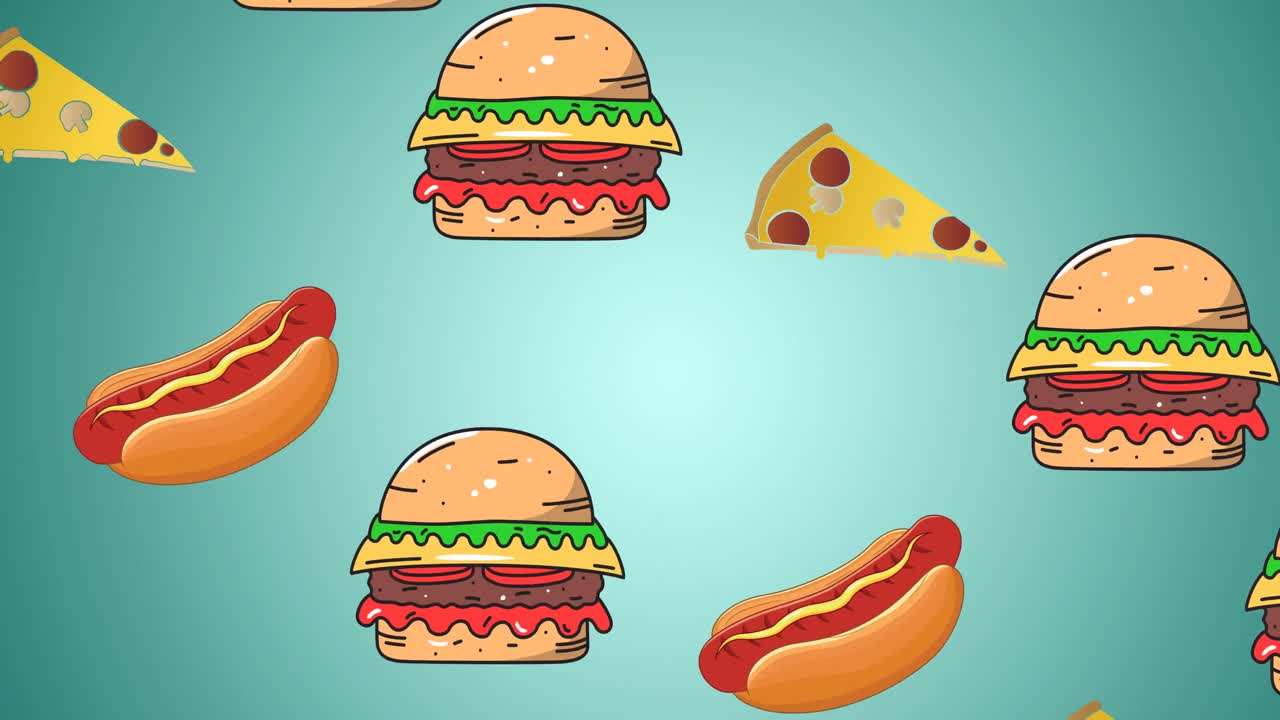 Premium stock video - Animation of falling pizza,hamburgers and hot ...