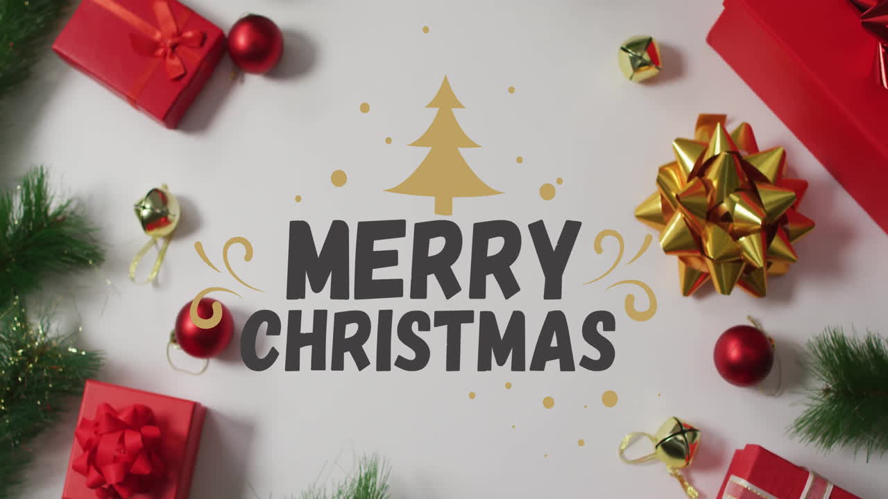 Merry Christmas text animation over festive decorations with gifts and ...