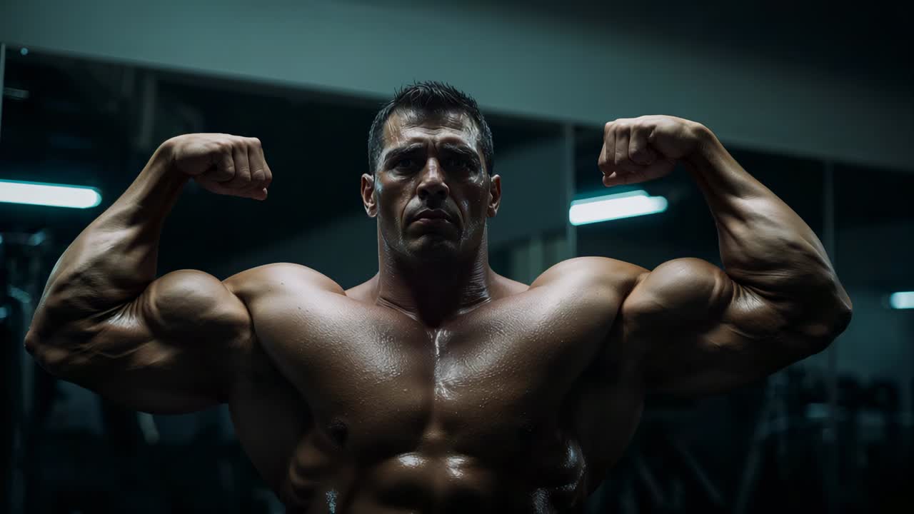 Stepping forward shirtless bodybuilder flexing double biceps in gym ...