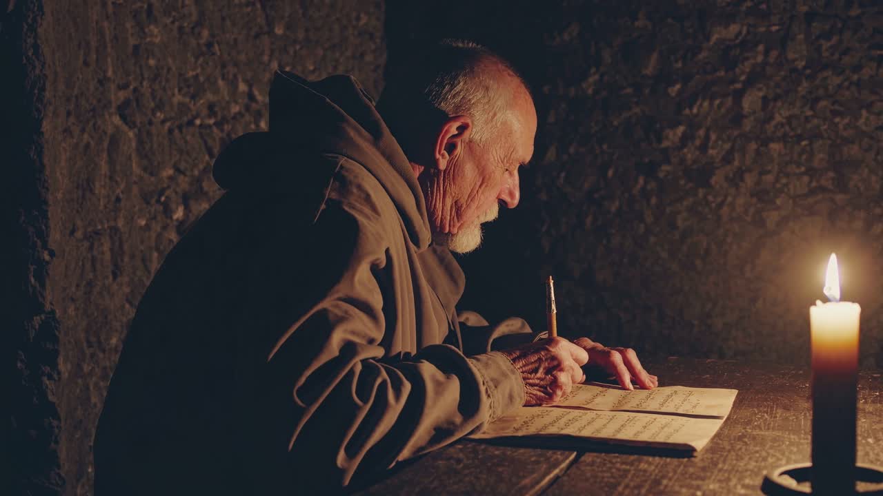 Elderly monk concentrating on composing music by the warm glow of a ...