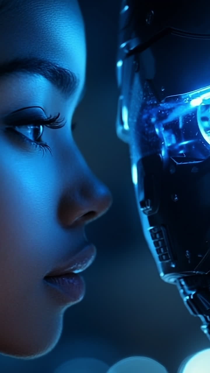 Close encounter between human and robot. A human girl gazes intently at ...