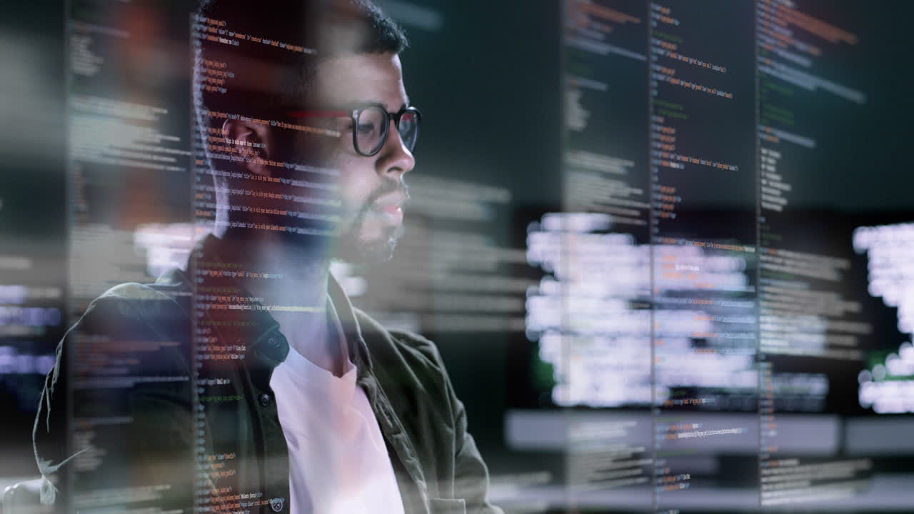 Man, programming and coding at night on computer | Premium Stock Video ...
