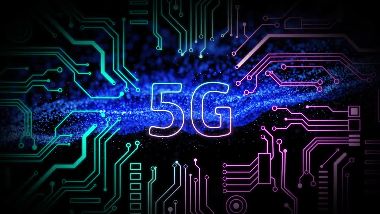 Animation of 5g text banner and microprocessor connections against blue ...