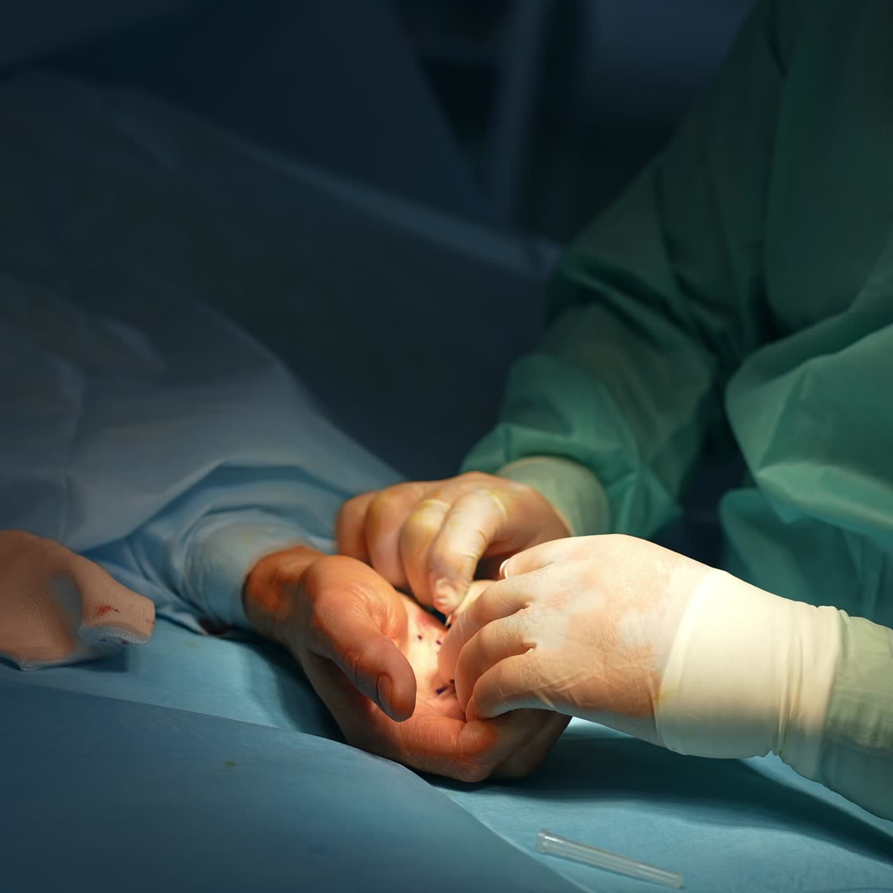 Surgeon uses a needle on patient's hand. Surgery on a limb conducted in ...