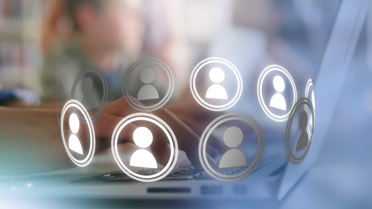 Animation of network of digital people icons over businesswoman using ...