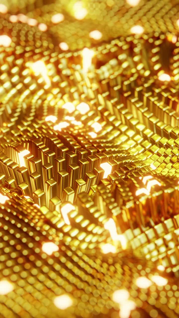 Animated wave moving structure of gold cubes with glare and radiance ...