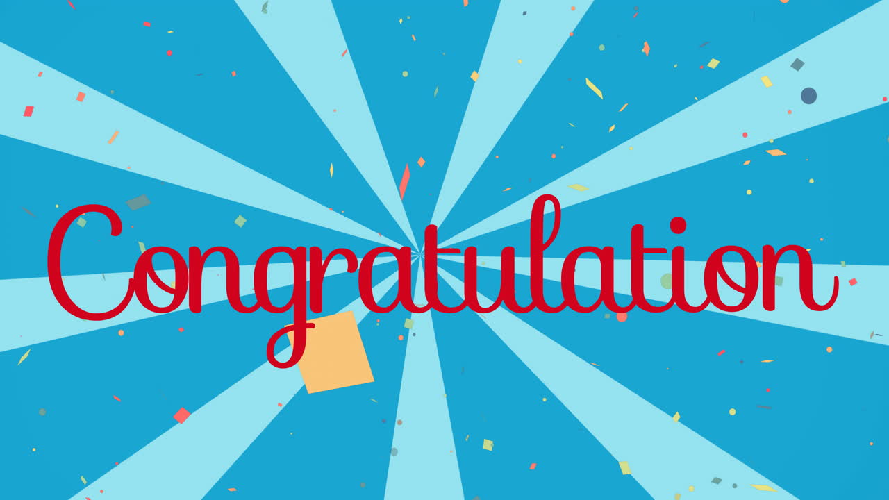 animation of floating confetti and congratulation text on blue ...