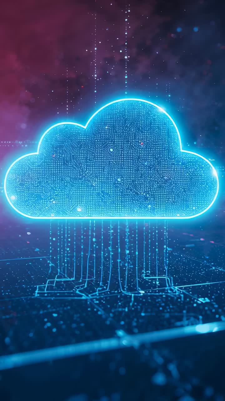 Vertical video: Light beams rising, neon blue cloud icon forming links ...