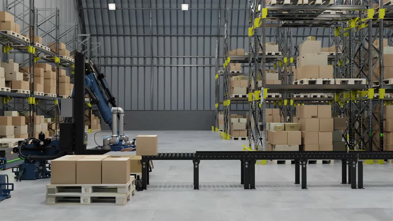 Premium stock video - Animation of robots and drones working in warehouse