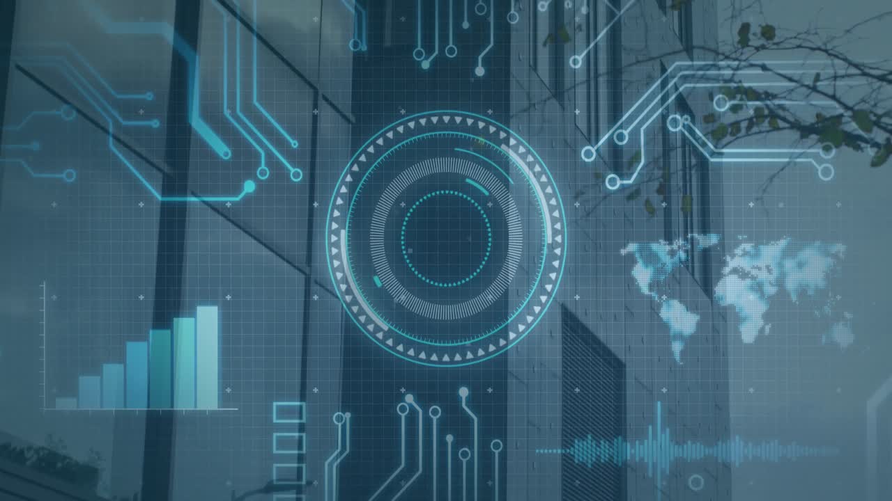 Premium stock video - Animation of scope scanning and data processing over world map and ...