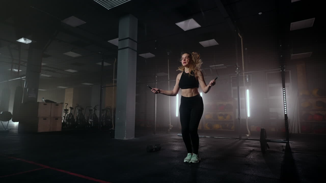 Premium stock video - Skipping woman training at the gym working out is ...