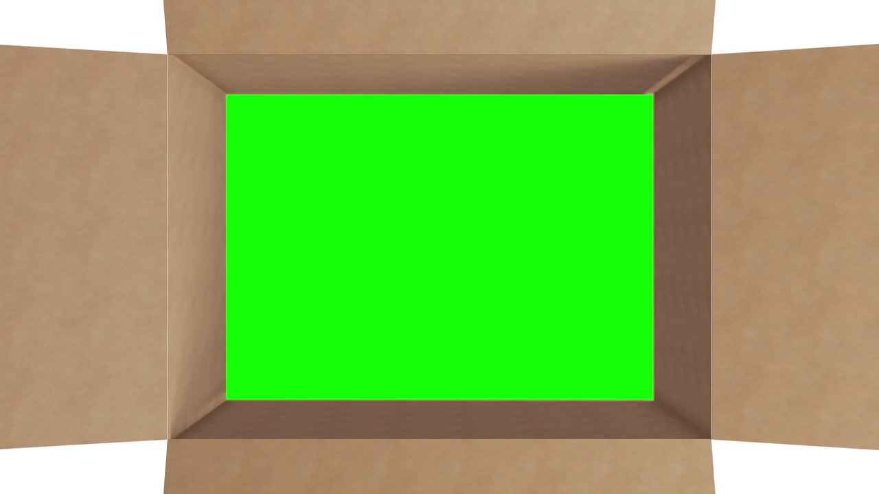 Overhead of green screen in brown cardboard box with lid closing on ...