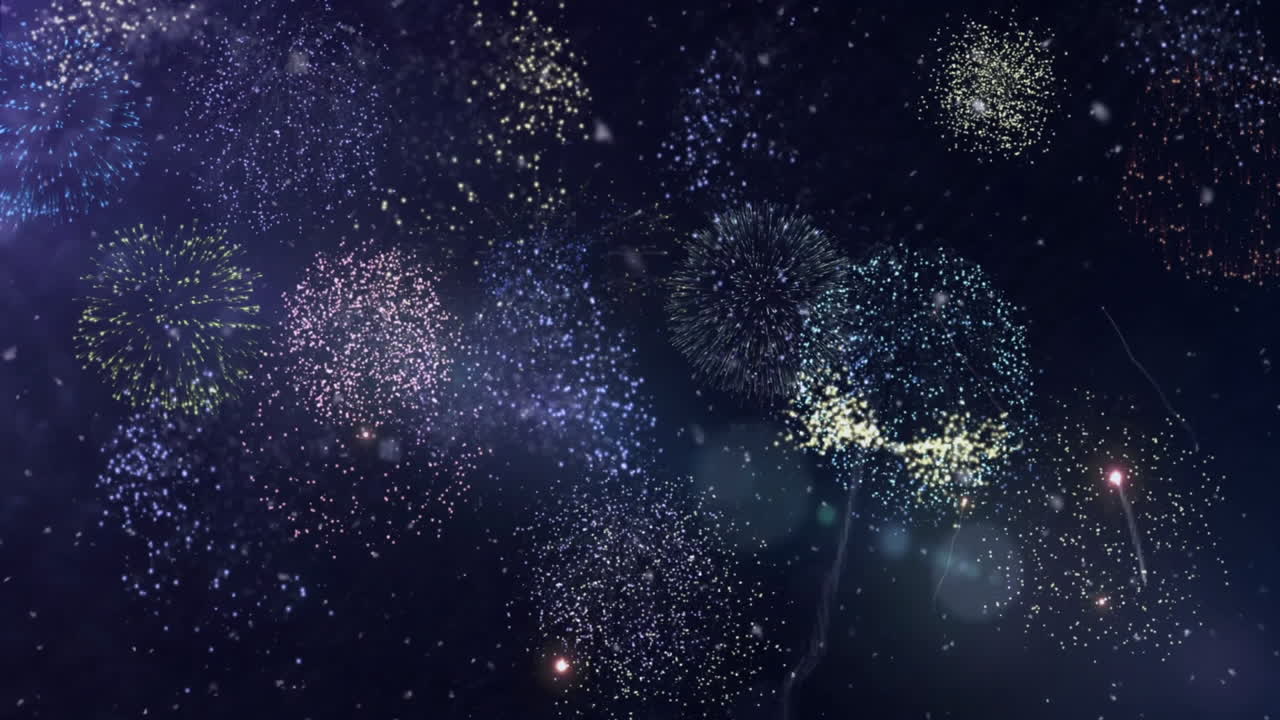 Colorful fireworks animation over dark night sky with sparkling ...