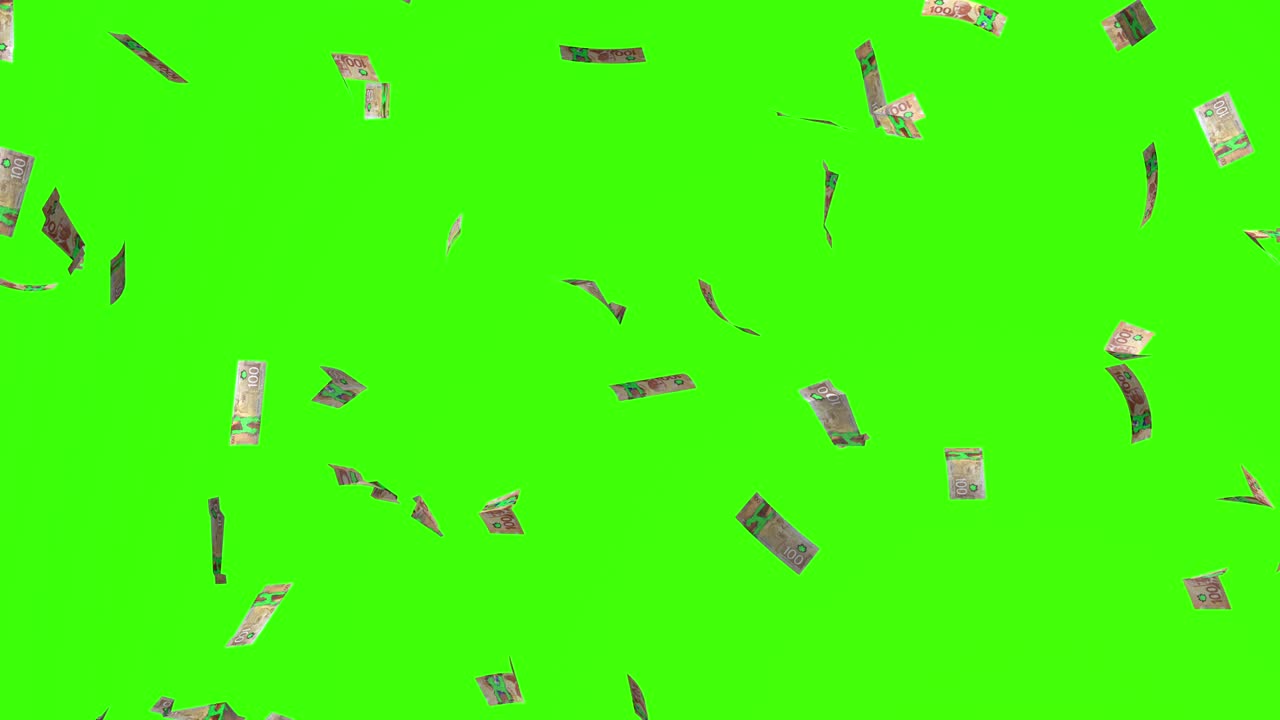 100 canadian dollars bills money falling rain green screen chroma key ...