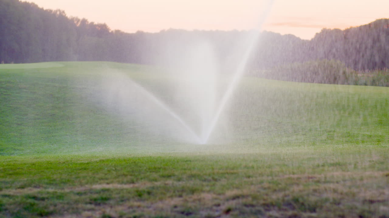 Premium stock video - Medium shot of grass sprinkler splashes water ...