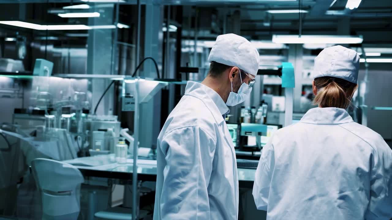 High-angle video of scientists in a modern lab, wearing white coats and ...
