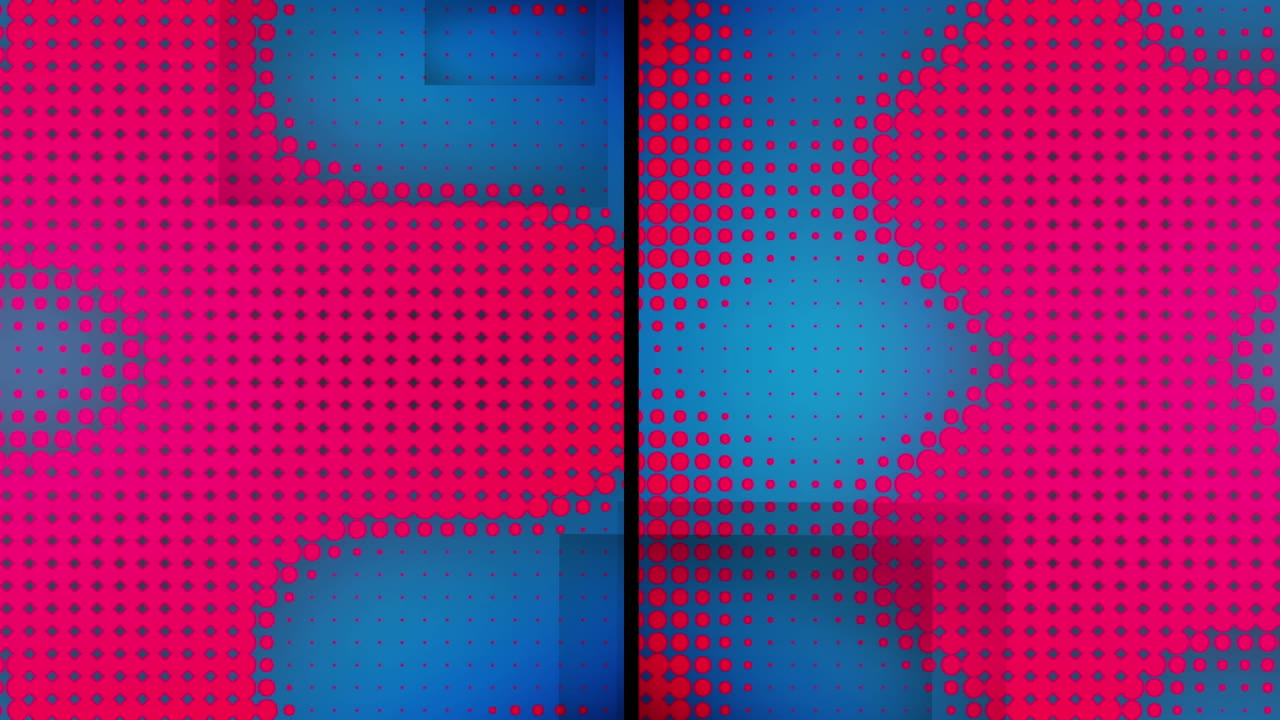 Animation of split screen with grid of pink pixels changing size on ...