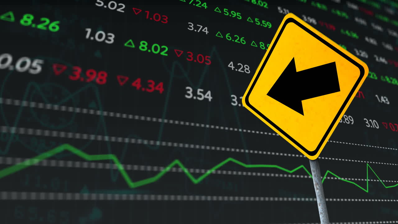 Animation of road sign with arrow over data processing on black ...