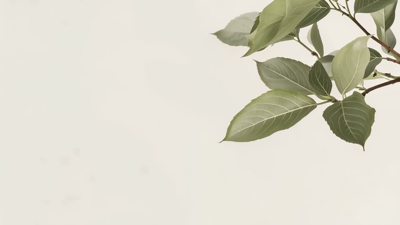 Frame revealing leafy branch sliding left across cream wall, revealing ...