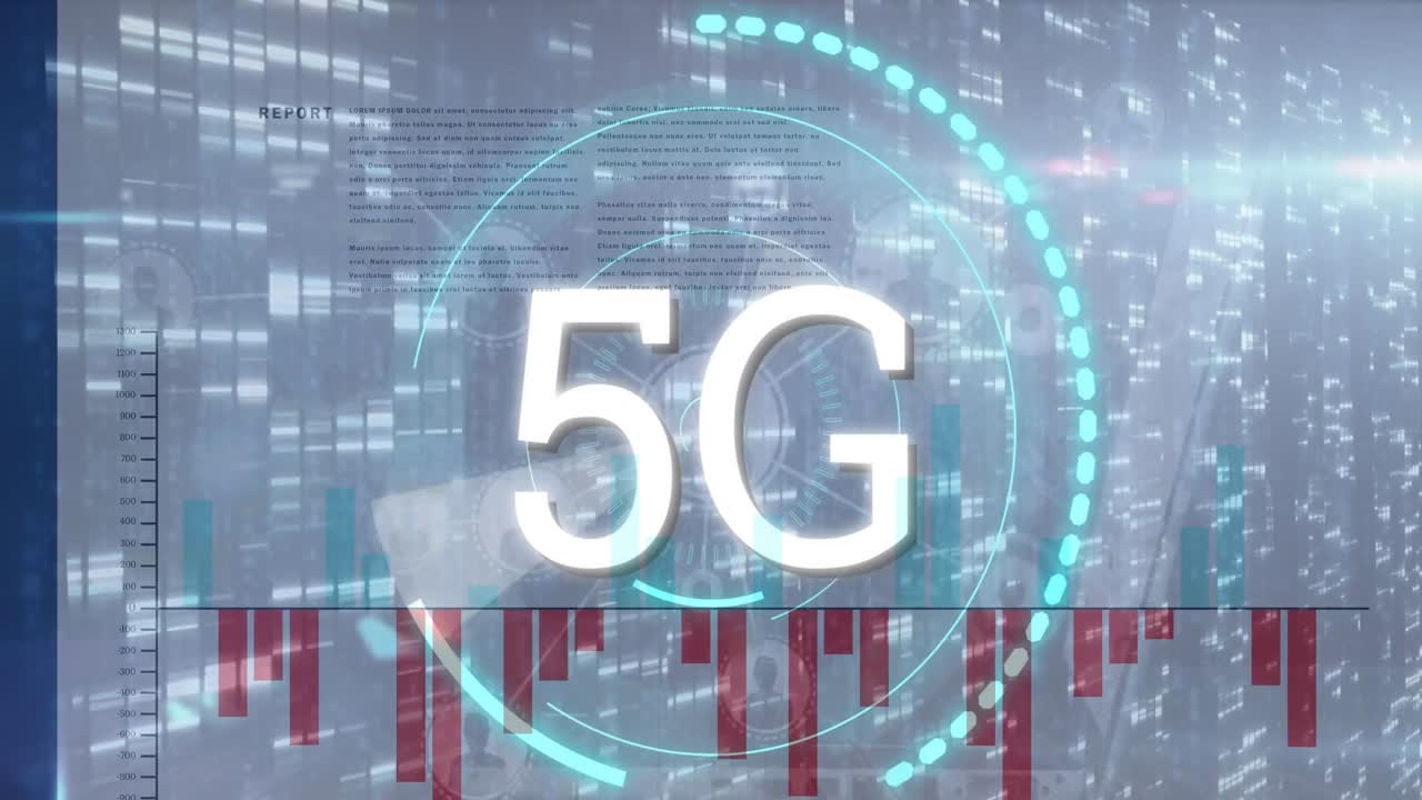 Animation Of 5g Text Over Neon Round Scanner Against Screens Of Mosaic Squares And Data ...