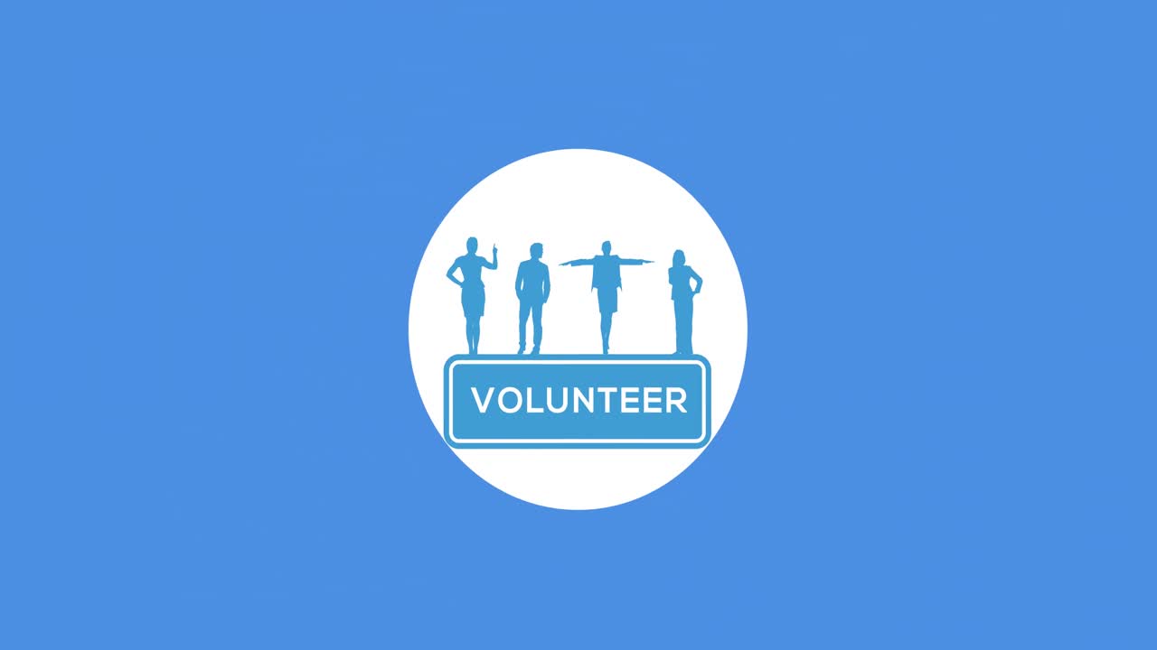 Animation of people and volunteer text icon over blue background ...