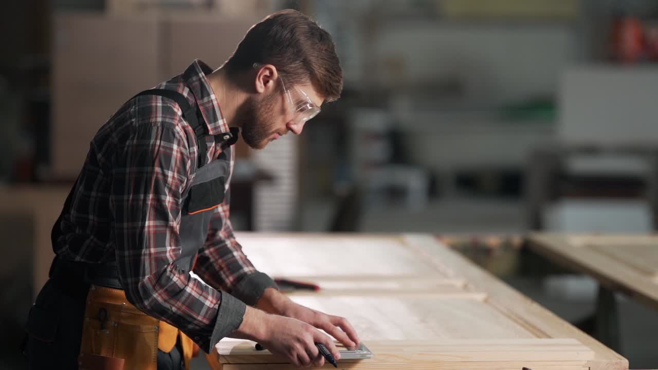 Premium stock video - Young handsome male carpenter draws a line with a ...