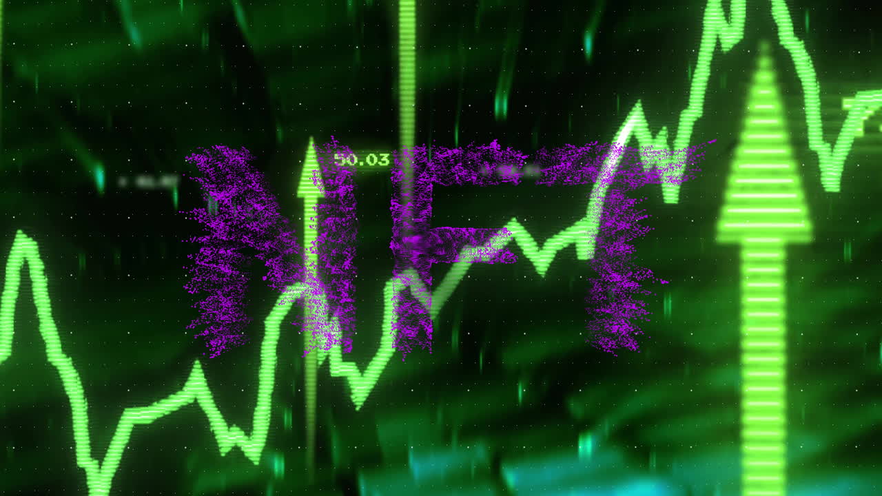 Flat purple particles forming NFT letters floating above neon green ...