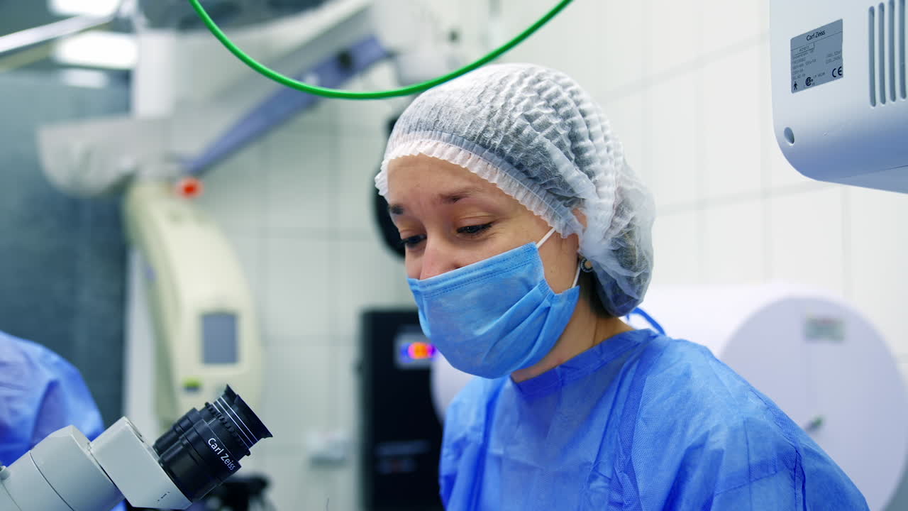 Eye monitoring and treatment in healthcare. Team of surgeons in the ...