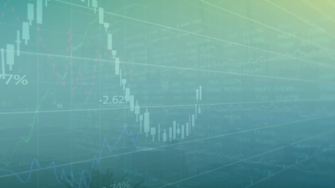 Animation of financial and stock market data processing against aerial ...